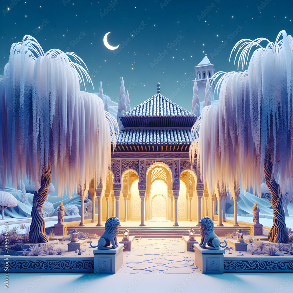 Whispering willows at the Alhambra’s Court of Lions for 3D flat cute ...