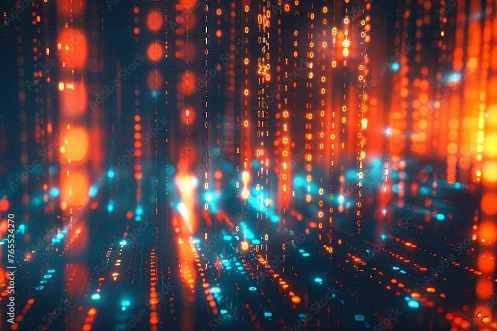 Digital background featuring glowing binary code, orange and blue ...