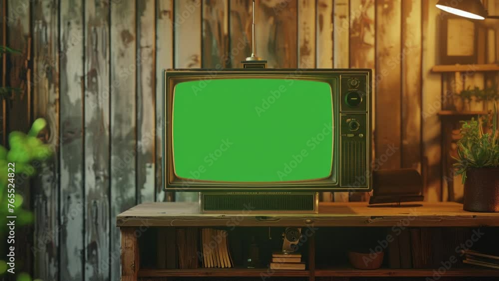 Close Up Footage of a Dated TV Set with Green Screen Mock Up Chroma Key ...