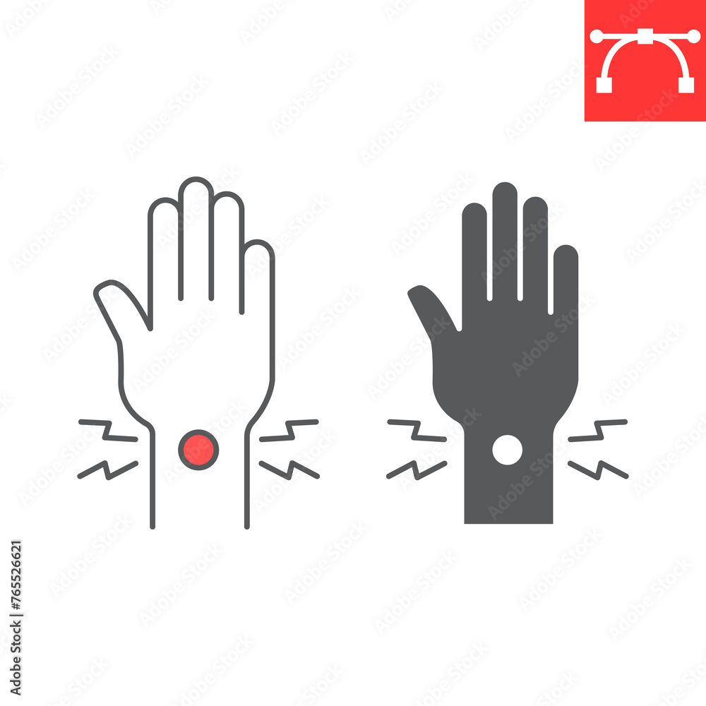Wrist pain line and glyph icon, body pain and human disease, wrist ache ...