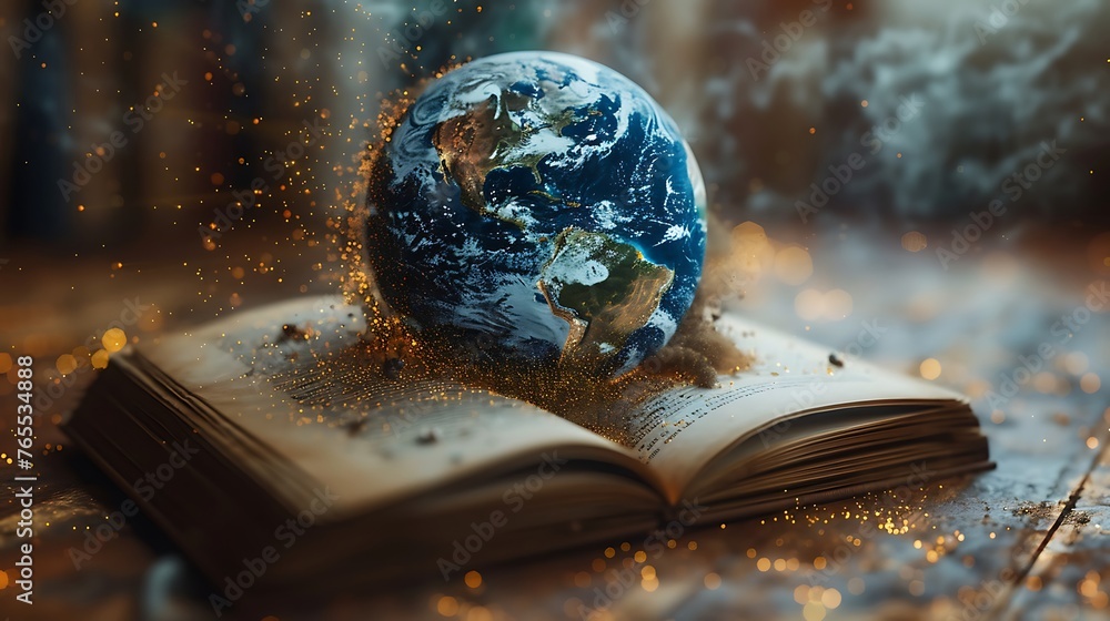 3D icon of flying five objects composition, including earth, book, bild ...