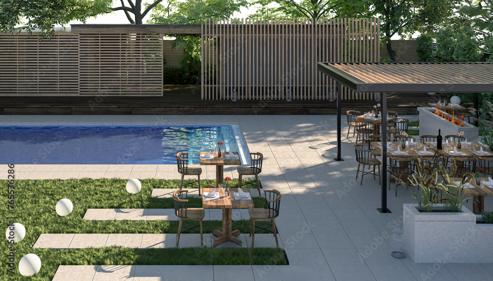 Poster Patio & Beach Restaurant at Swimming Pool Deck - 3D ...