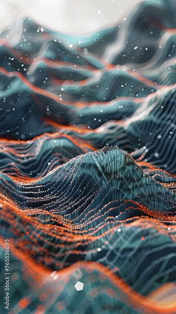Digital art of undulating abstract waves in shades of blue and orange ...