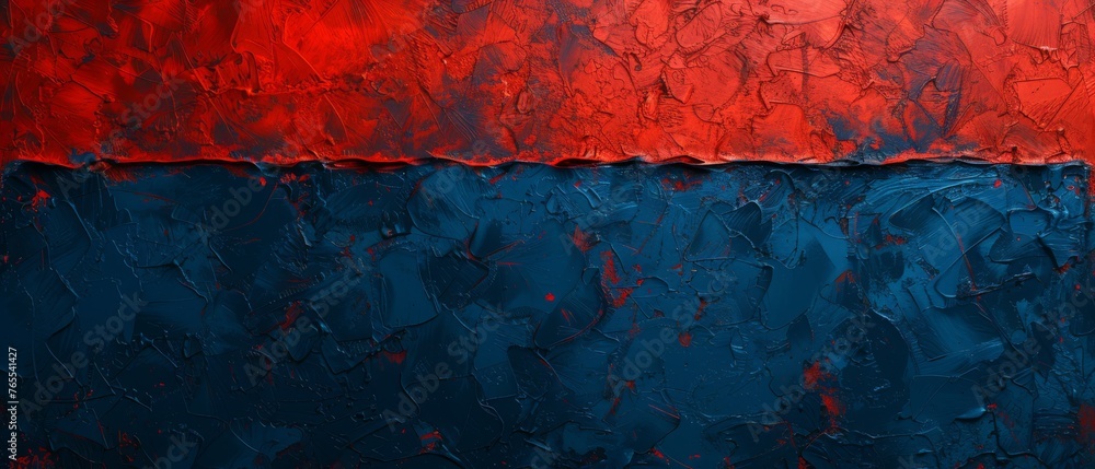 A painting featuring blue and red hues, including two red stripes - one ...