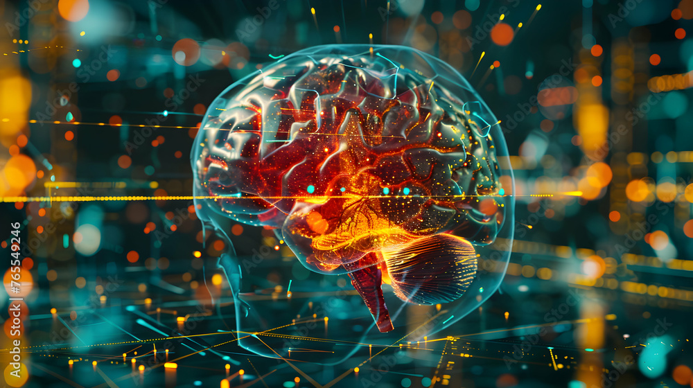MRI scan of a hemorrhagic brain displayed on a transparent holographic ...
