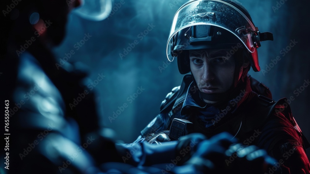 An on-duty police officer patrols the city streets to maintain order ...