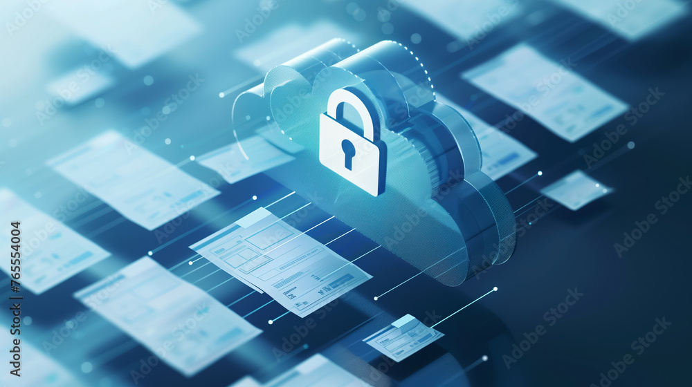 Cloud with a padlock overlaying wireframe data sheets in a digital ...