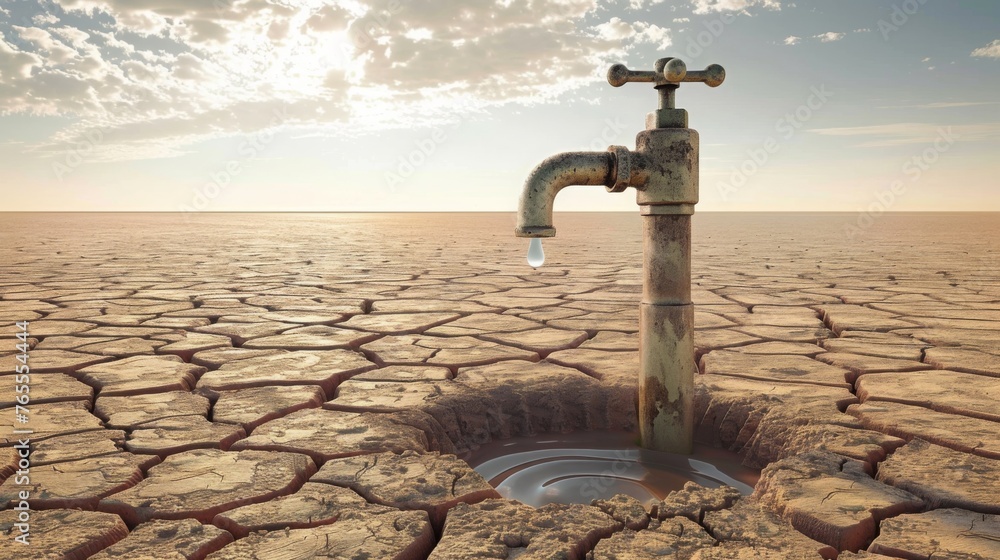 Rusty tap with a single water droplet above cracked ground ...