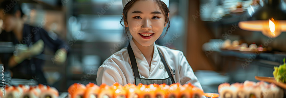 Selective focus of Asian female chef Making sushi at the bar in a ...