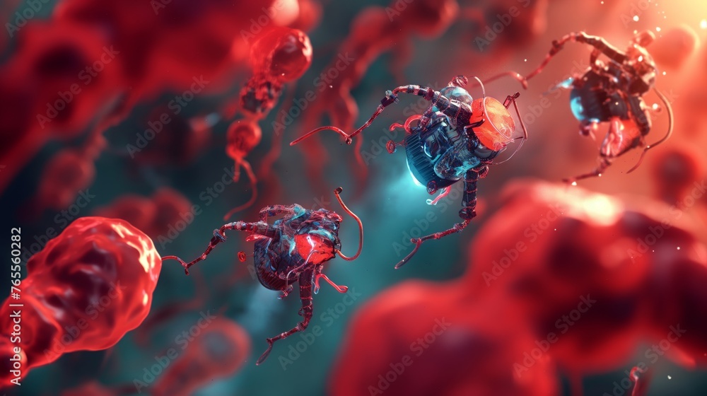 3D rendering of a nano-robot amidst red blood cells, highlighting ...