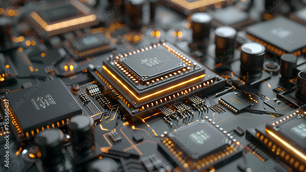 Sophisticated CPU and Circuitry on a Tech Motherboard . A detailed view ...