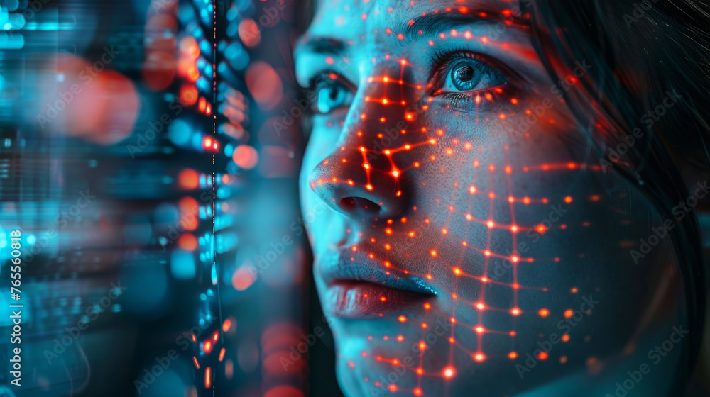 Close-up of a woman's face with red digital grid lines mapping her ...