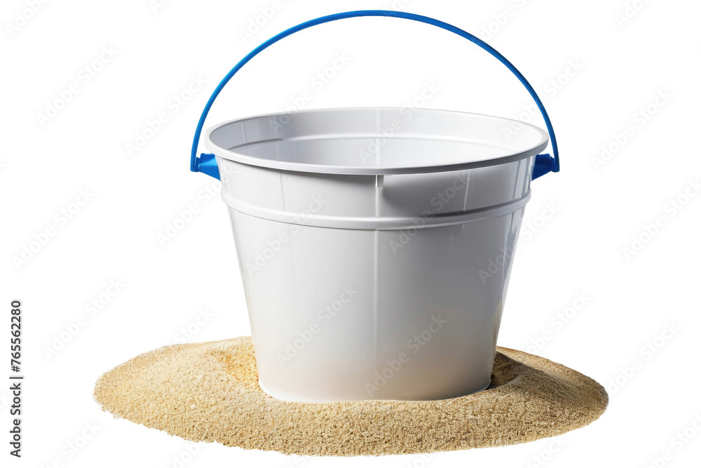 Beach bucket in full profile view, crisp outline, sand texture evident ...