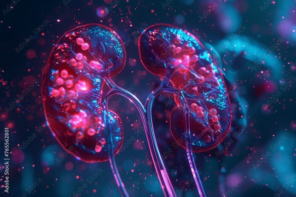 The complex structure of the renal system, enhanced by vibrant pink and ...