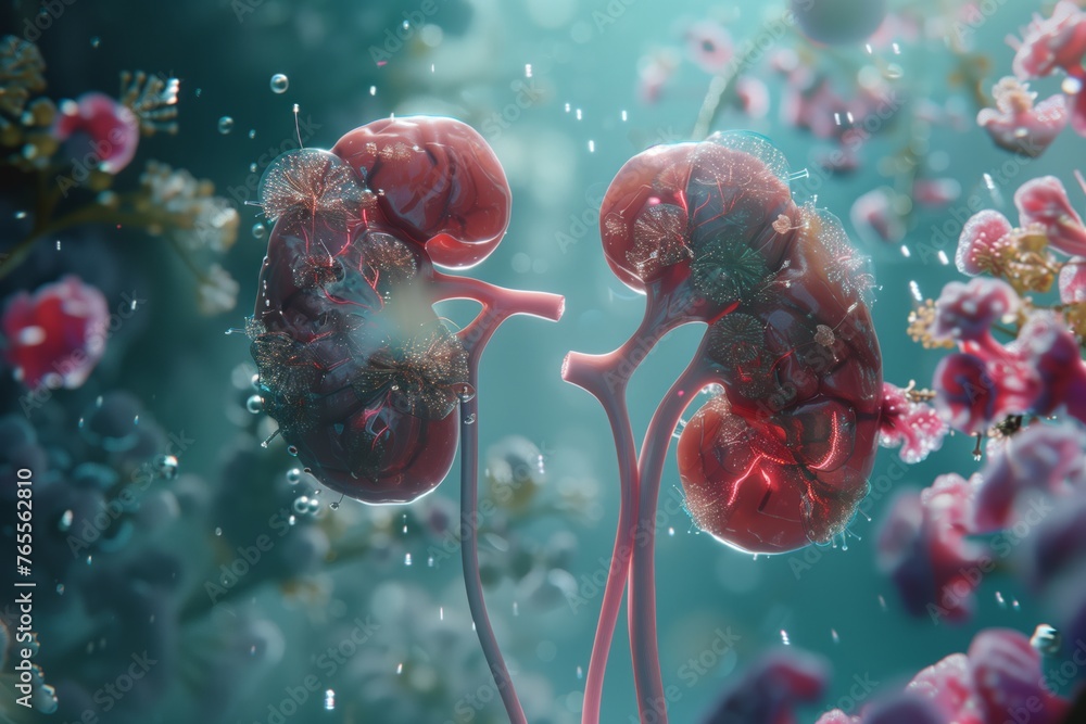 The complex structure of the renal system, enhanced by vibrant pink and ...