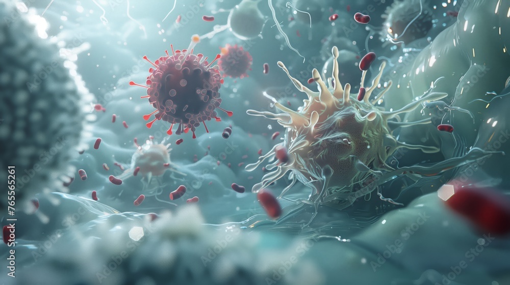 Portraying various pathogens including viruses and bacteria, suspended ...