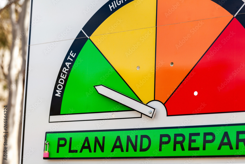 New fire danger rating sign arrow pointing at moderate plan and prepare ...