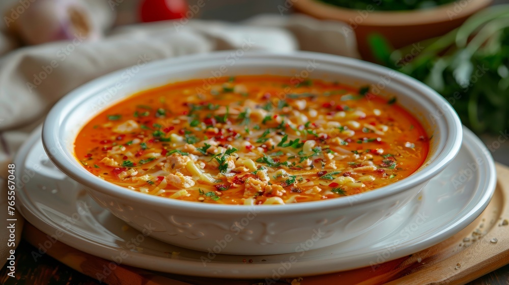 Homemade turkish soup Tavuk Suyu corbasi in a white ceramic soup plate ...