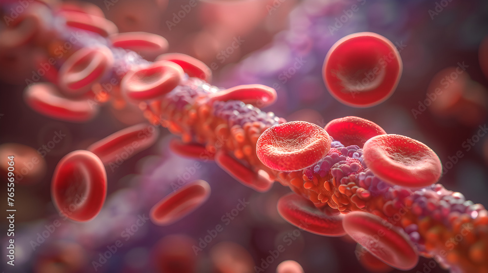 Red blood cells flowing through a vein, with a focus on the detailed ...