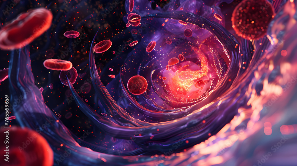 Rendition of red blood cells in a dynamic, swirling motion, against a ...