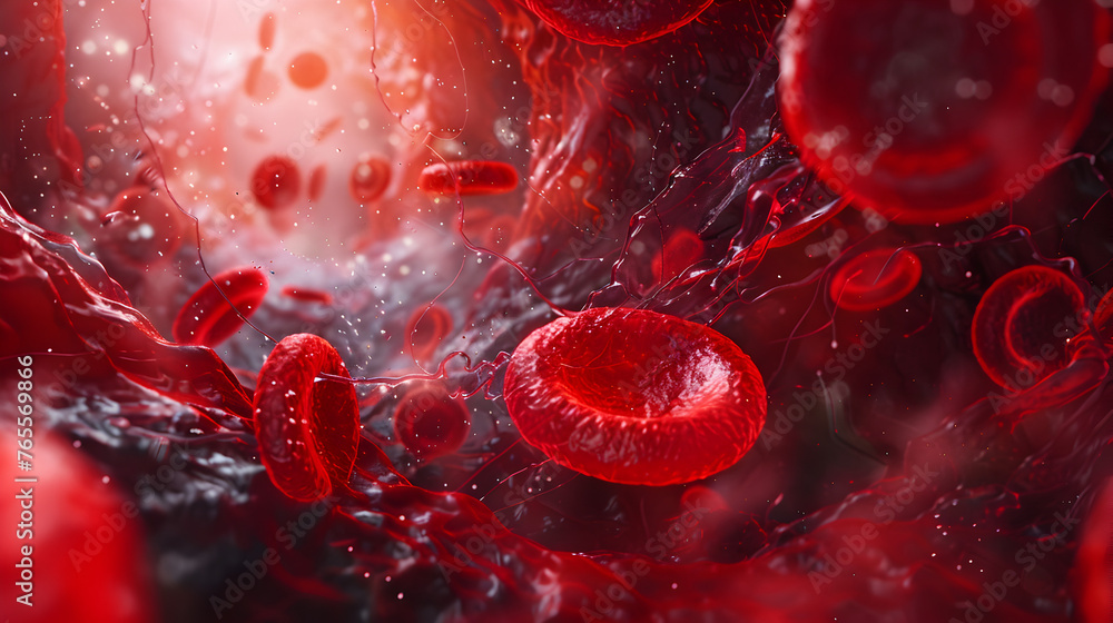 Red blood cells flowing through a vein, with a focus on the detailed ...