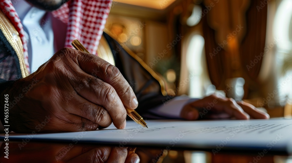 Detailed view of a man's hands holding a pen, signing official ...