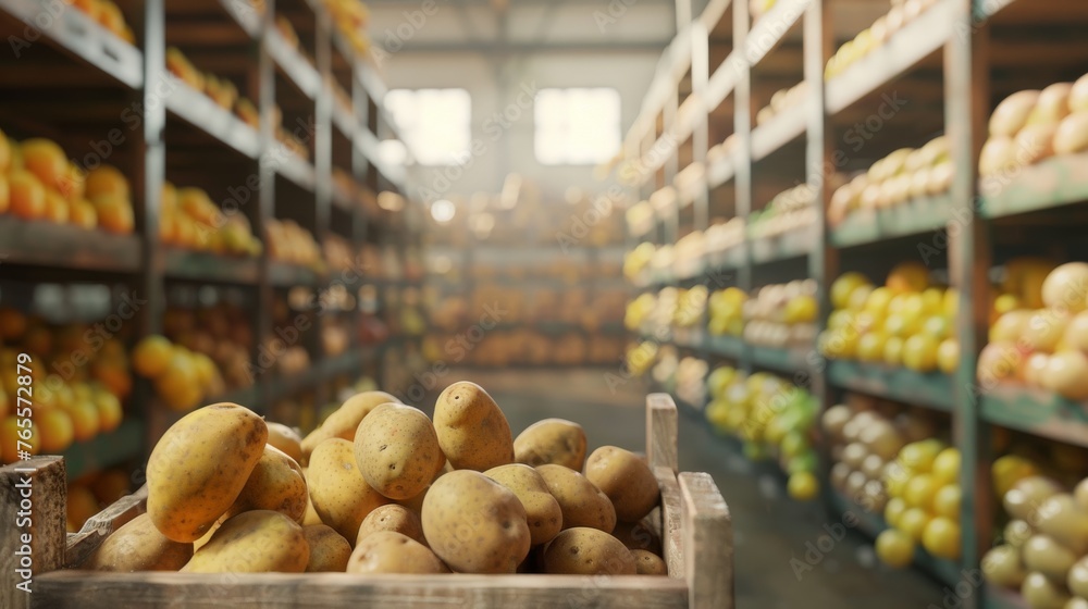 A stack of ripe potatoes in a container kept in a warehouse showing a ...