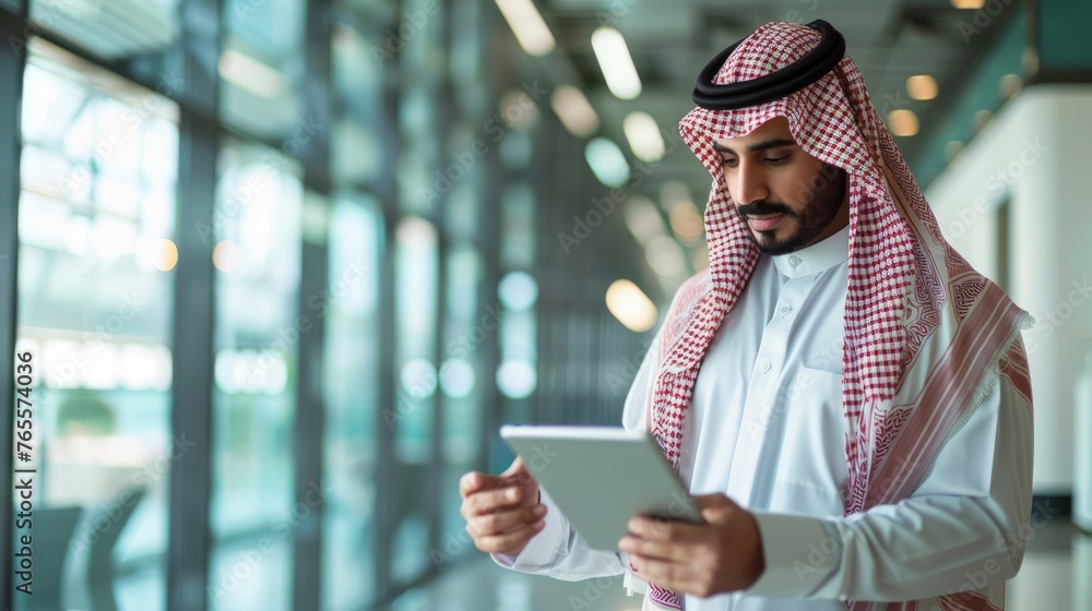 An image capturing a modern Arab man engaging with a tablet among ...