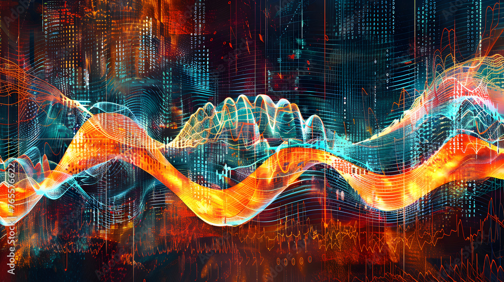 Abstract background featuring waveforms and digital graphs representing ...