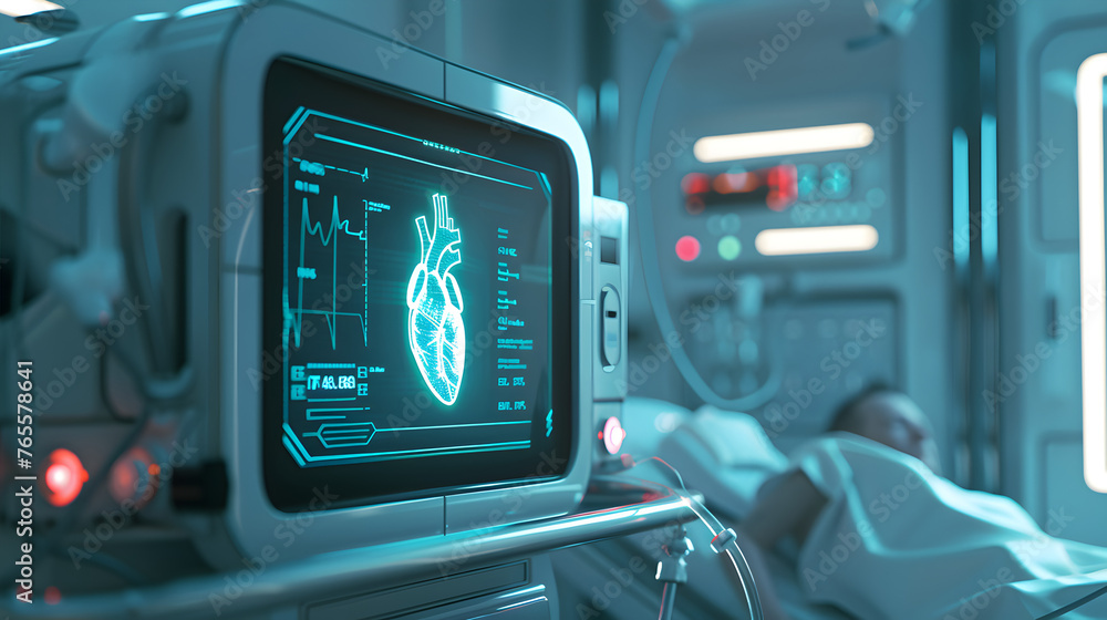Futuristic heart health monitoring device attached to a patient, with a ...