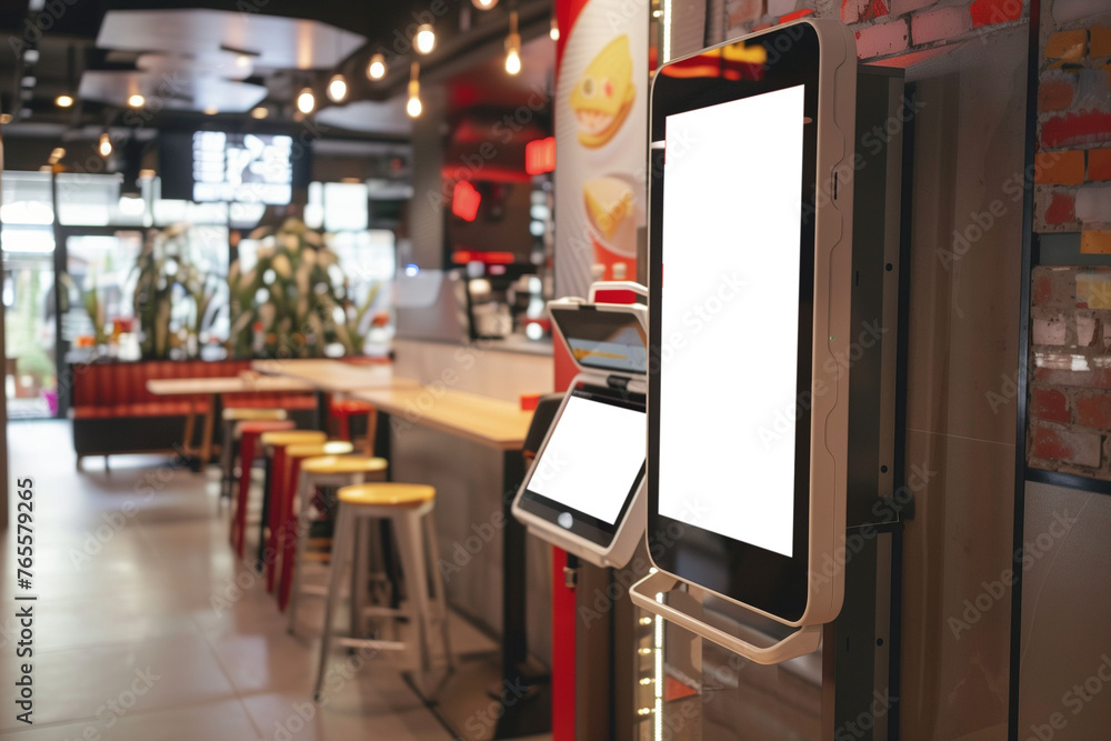 Blank display of self-service screen with touch screen in fast food ...