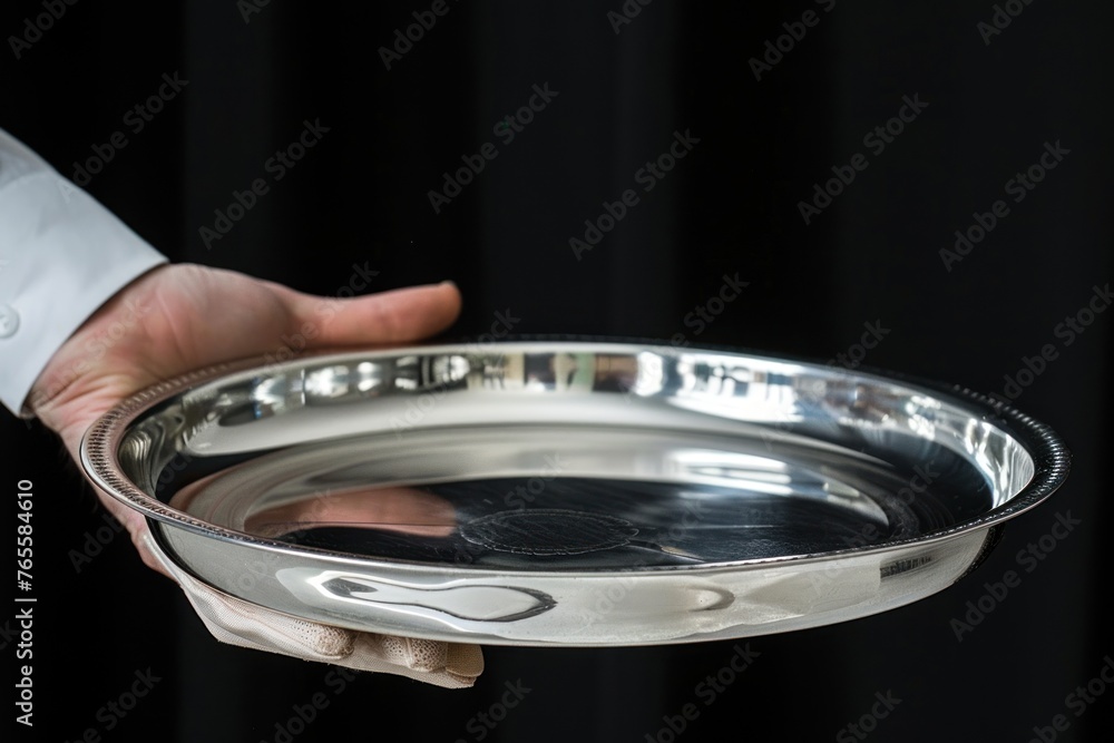 Waiter tray butler hand serve hold plate isolated white man silver ...