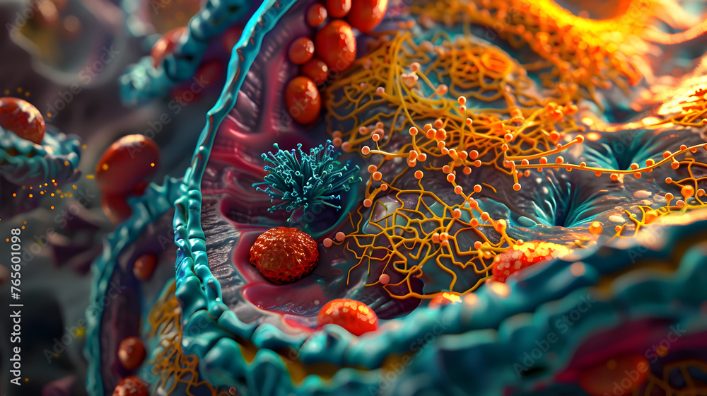 A bustling cellular metropolis, showing a cross-section of a human cell ...