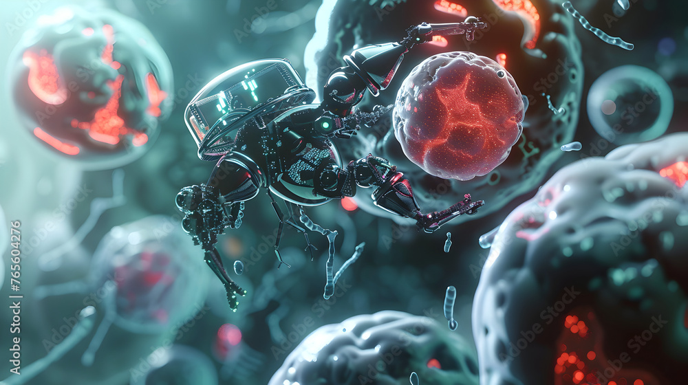 View of a nanobot interacting with human cells, depicting the application of nanotechnology in ...