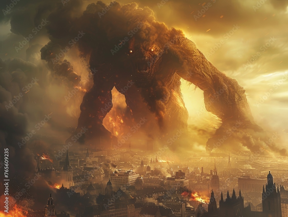 Apocalyptic giant demolishing a city - A colossal creature causes chaos ...