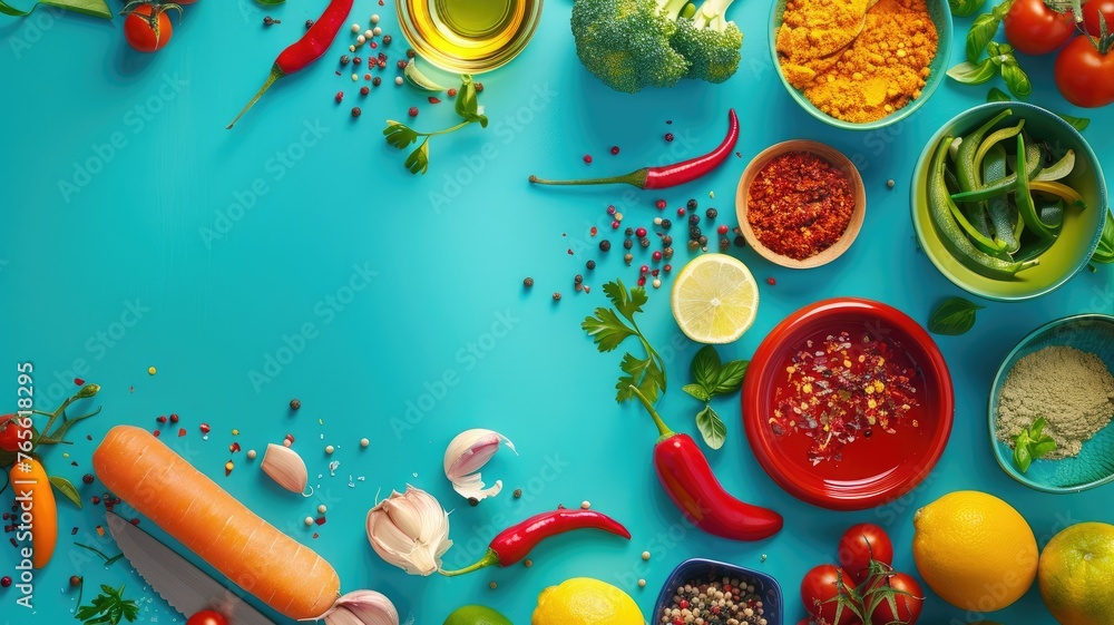 Top view of colorful healthy food selection - Overhead view showing a ...