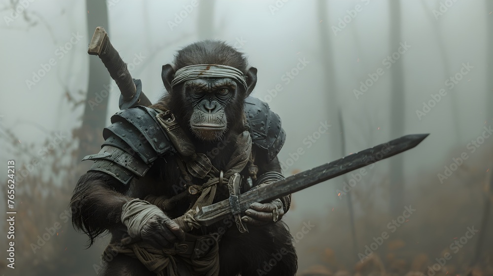 Fierce Post-Apocalyptic Primate Warrior Wielding Sword in Misty Jungle ...