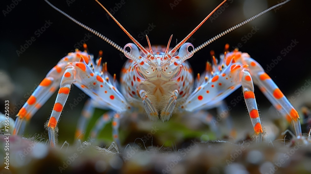 A detailed photo of an insect with red and blue spots on its body and ...