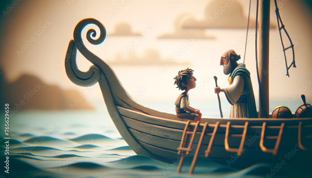 A whimsical, animated art style scene depicting Telamon aboard the Argo ...