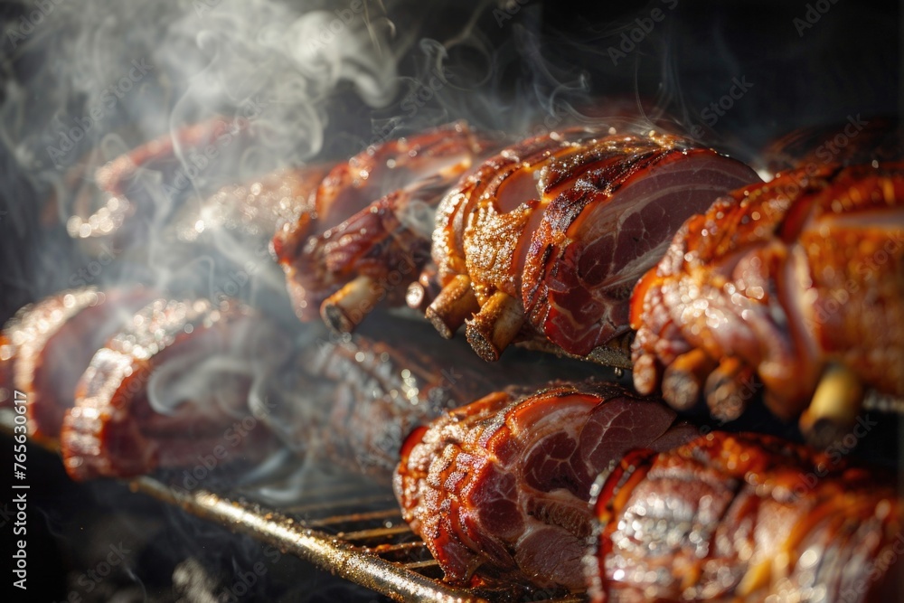 A close-up of freshly smoked ham in a smokehouse, the smoke curling ...