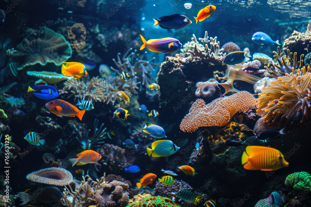 An underwater scene full of vibrant colors, with marine life including ...