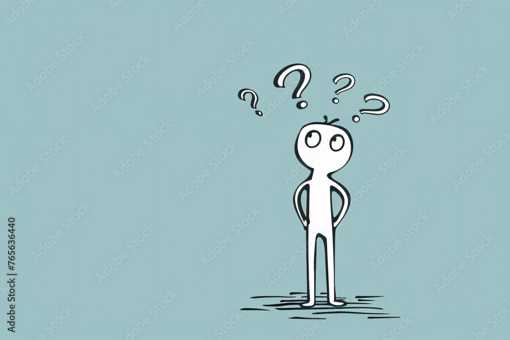 Cartoon figure with question marks overhead on plain blue background ...