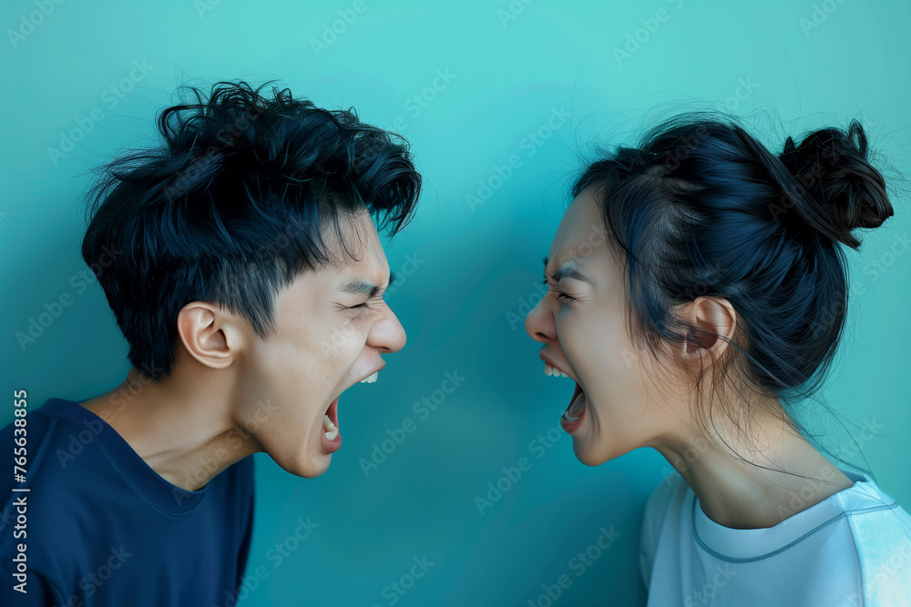 asian man and woman yelling at each other fighting in bad marriage ...