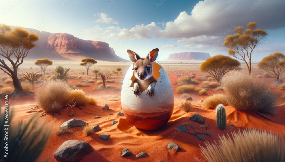 Craft a scene where a tiny kangaroo joey is peeking its head out of an ...