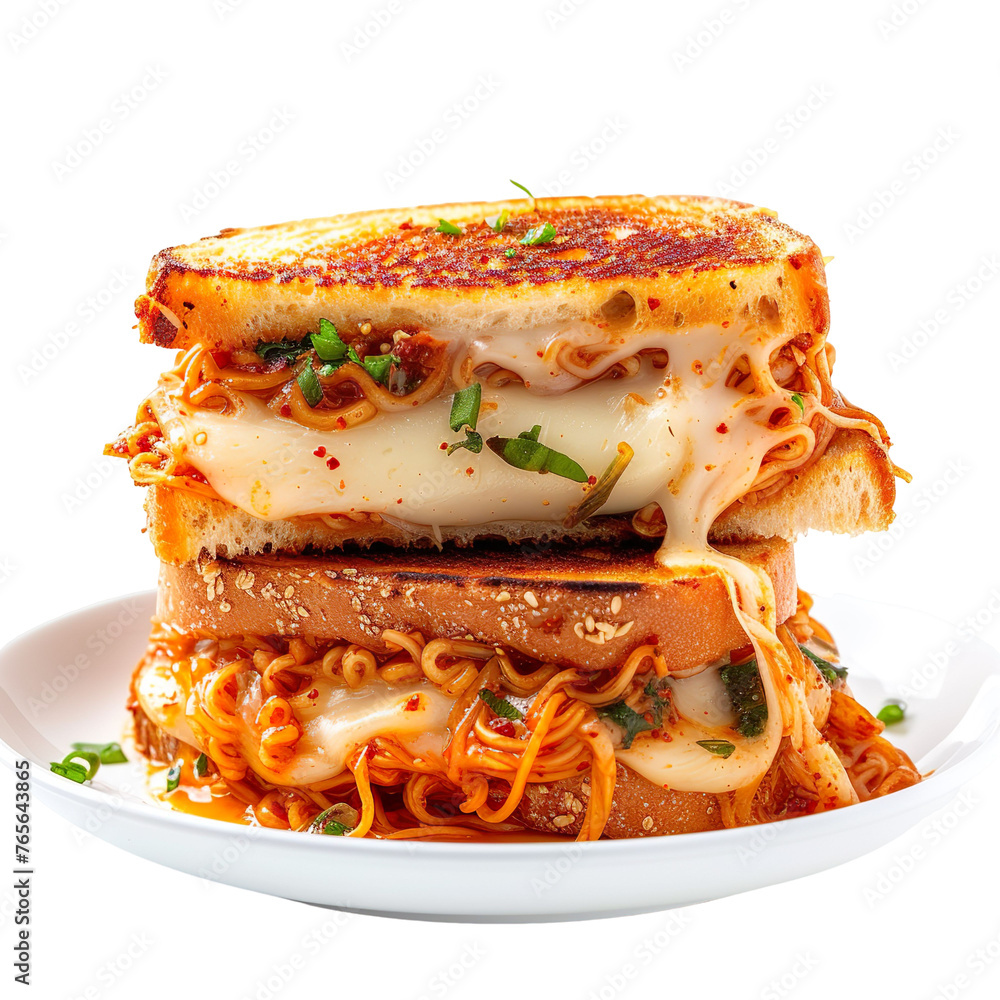 Front view of Kimchi Ramyeon Grilled Cheese with a Korean-inspired ...