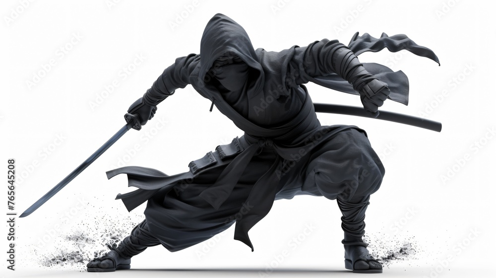 A 3D rendering of a ninja in a dynamic pose. The ninja is wearing a ...