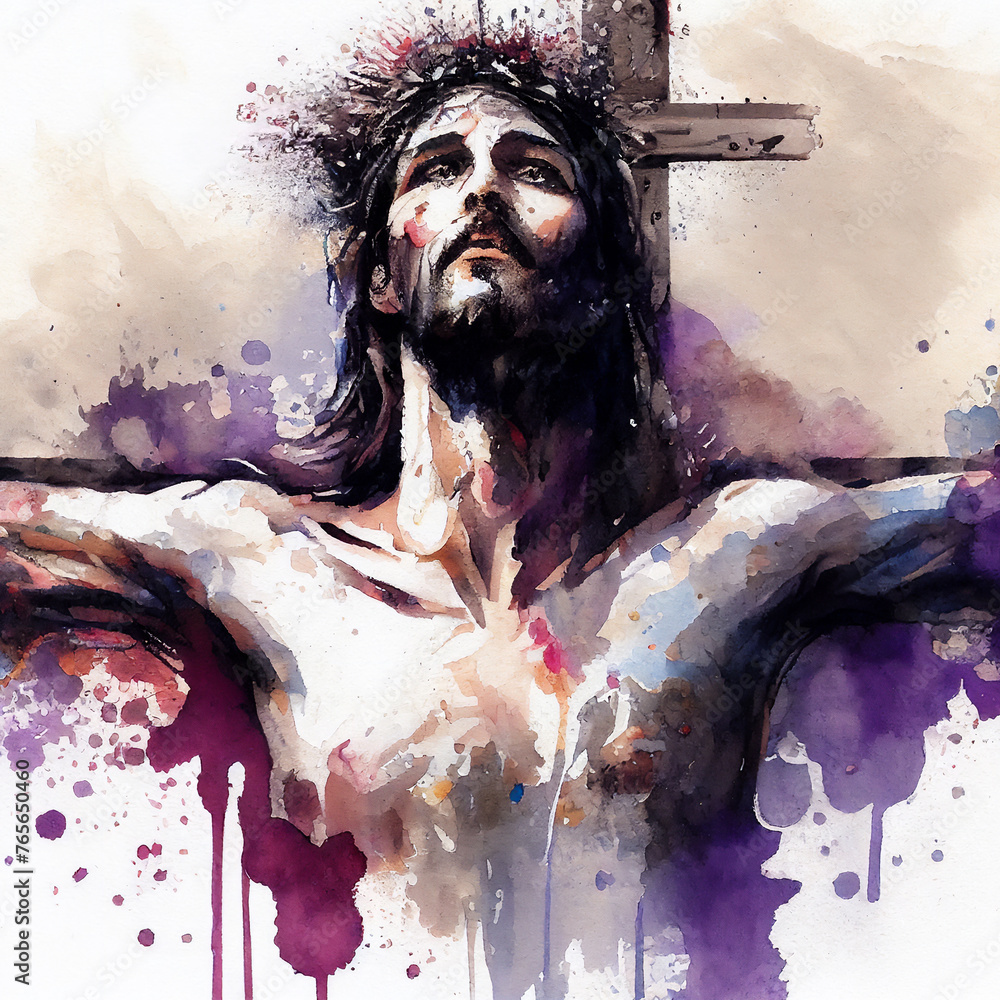 Watercolour painting of the Crucifixion of Jesus Christ on the crucifix ...