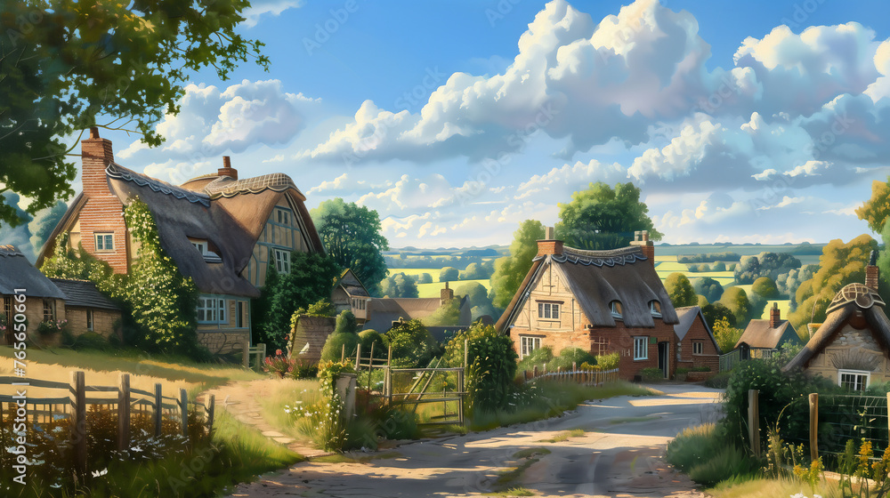 Watercolour oil painting of an old fashioned quintessential English ...