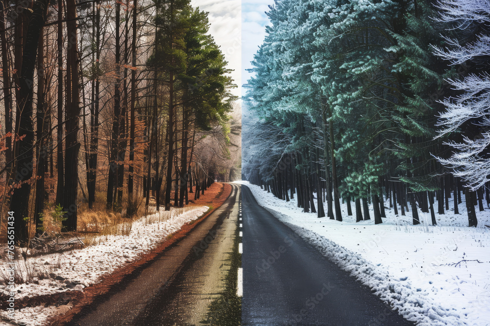 Combining images of winter and summer seasons on the road visually ...