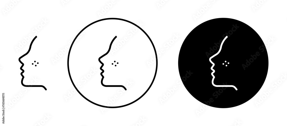Acne line icon set. Face with pimples symbol. Woman face skin with dark ...